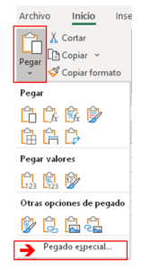 Pegado Especial en Excel con teclado